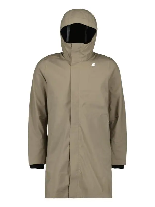 K-WAY Hooded Single-breasted Coat With Logo Patch - Gray