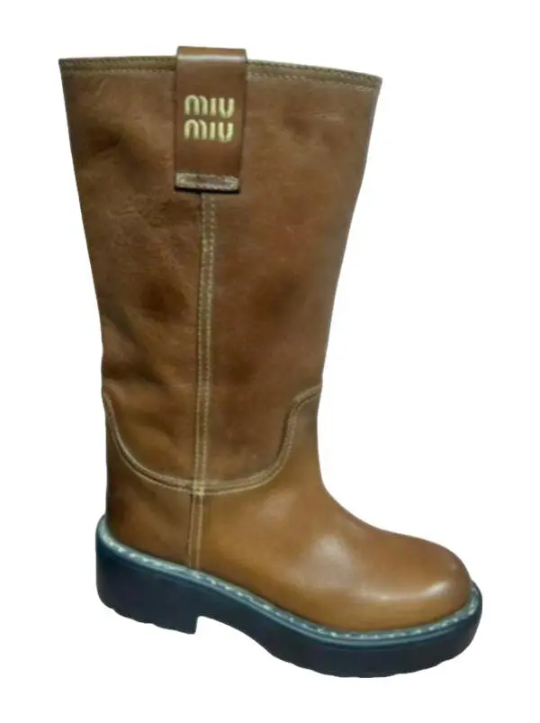 Miu Miu Round Toe Chunky Lug Sole Boots - Brown