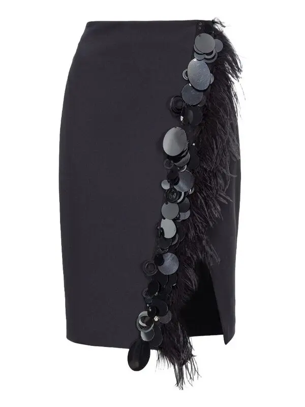 Pinko Sequin And Feather Embellished Pencil Skirt - Black