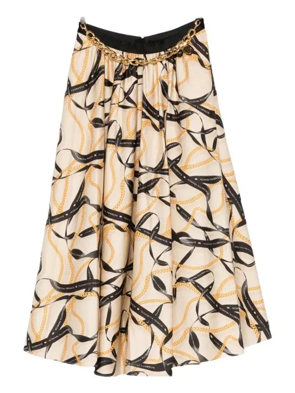 Elisabetta Franchi Midi Skirt With Chain And Ribbon Print - Nude