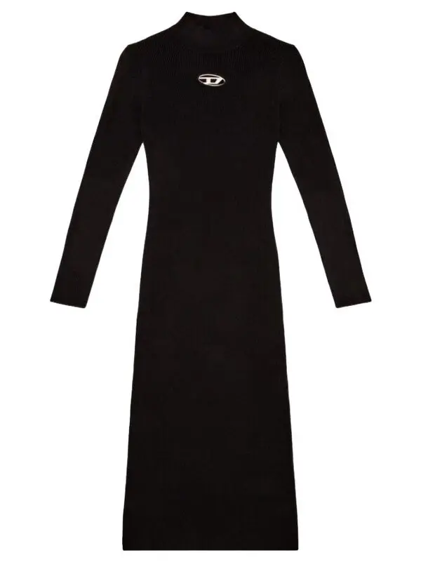DIESEL® Long Sleeve Logo Plaque Ribbed Dress - Black