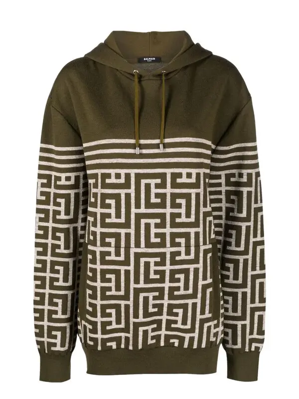 Balmain Drawstring Hooded Hoodie With Letter Pattern - Green