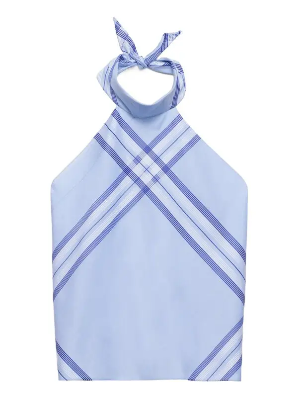 Prada Halter Neck Printed Cotton Top With Tie Detail - Sky-blue