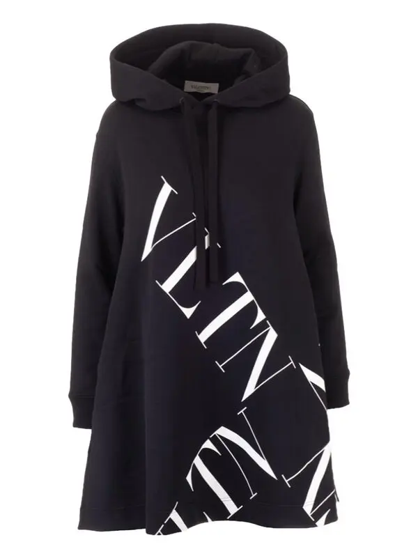 Valentino Garavani Logo Printed Oversized Hooded Sweater - Black