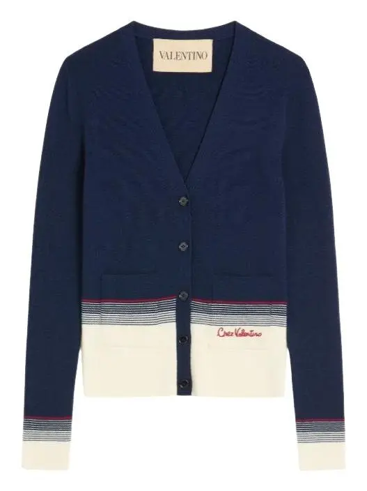 Valentino Garavani V-neck Cardigan With Chez Embroidery - Navy Blue/birch