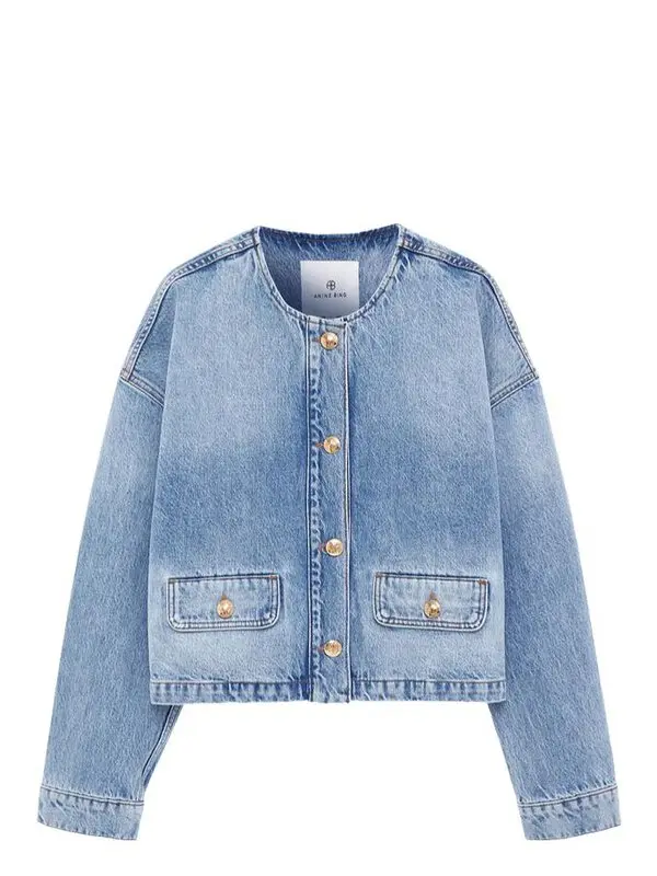 ANINE BING Buttoned Crewneck Denim Jacket - Blue