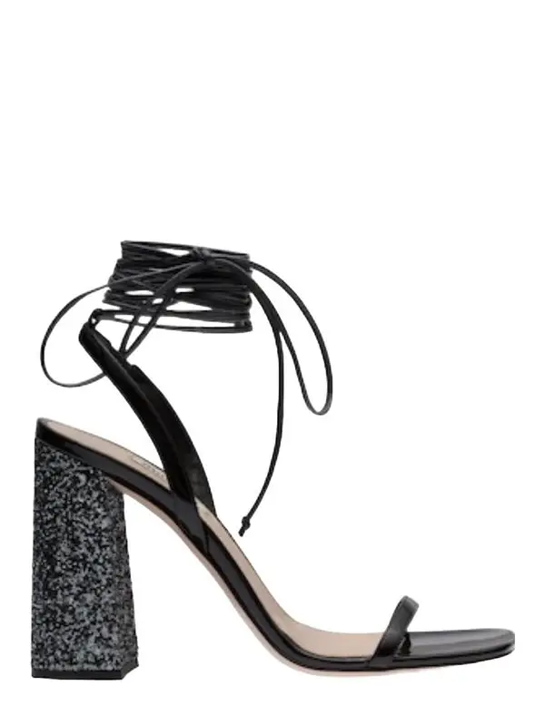 Miu Miu Glitter Block Heel Ankle Tie Sandals - Black