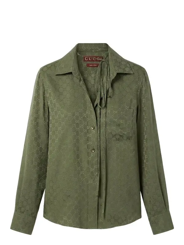 Gucci Gg Jacquard Silk Shirt With Self-tie Ribbon - Dark Green