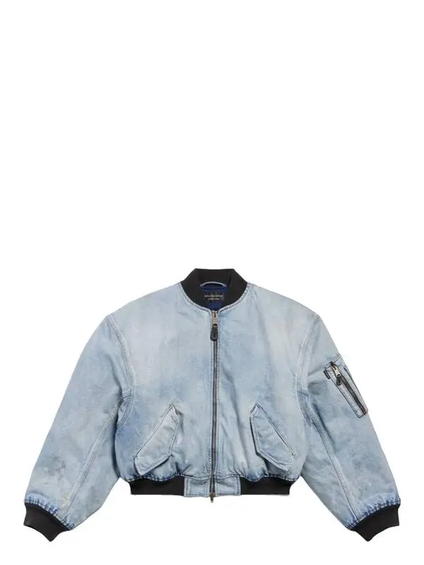 Balenciaga Zip-up Denim Bomber Jacket With Ruched Sleeves - Light Blue