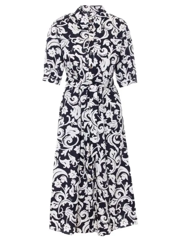 Liu Jo Short Sleeve Floral Print Midi Dress With Belt - Black
