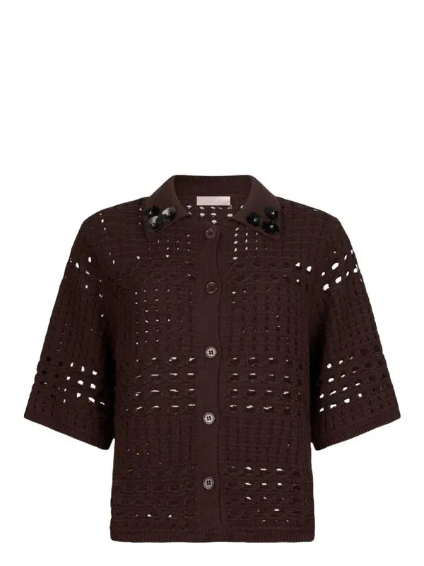 Liu Jo Openwork Knitted Top With Embellished Collar - Dark Brown