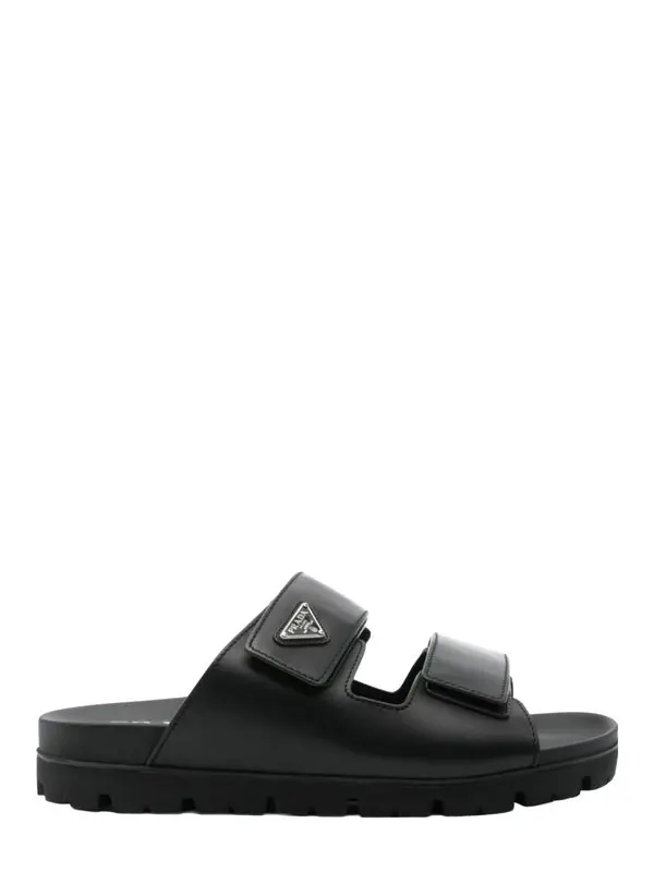 Prada Enamel Triangle Slip-on Sandals - Black