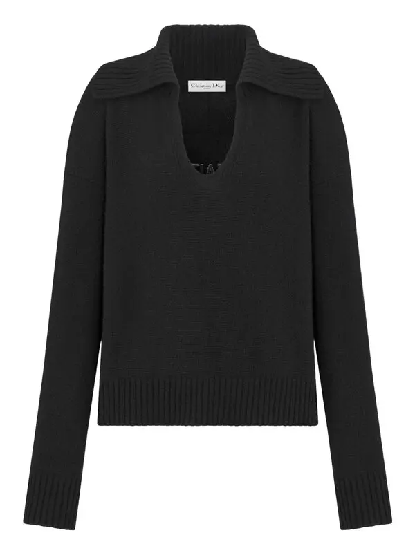 Dior Lapel Collar Long Sleeve Sweater - Black