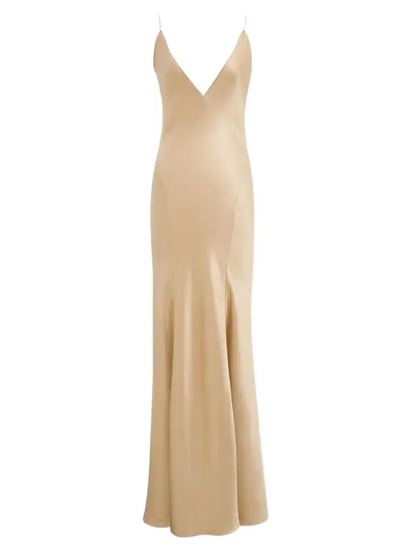 Saint Laurent Sleeveless V-neck Satin Maxi Dress - Beige
