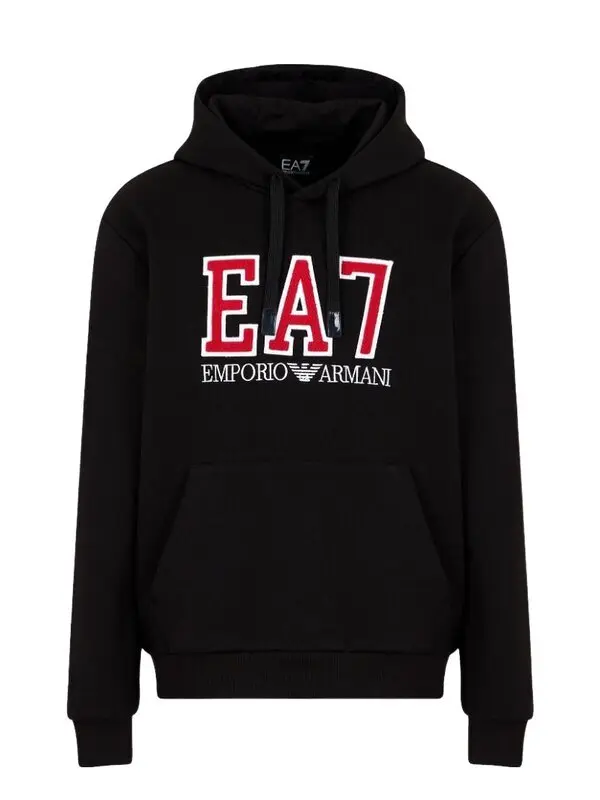 EA7 Logo Print Cotton Blend Hoodie - Black