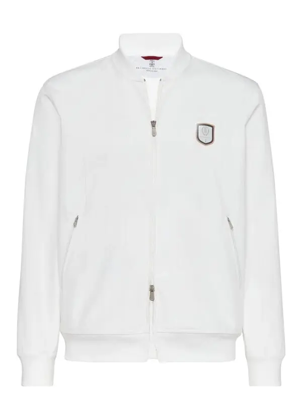 Brunello Cucinelli Striped Logo Appliqué Bomber Jacket - White