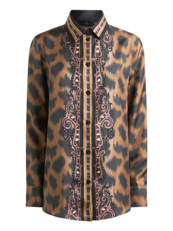 Etro Silk Twill Animal Print Shirt - Dark Brown