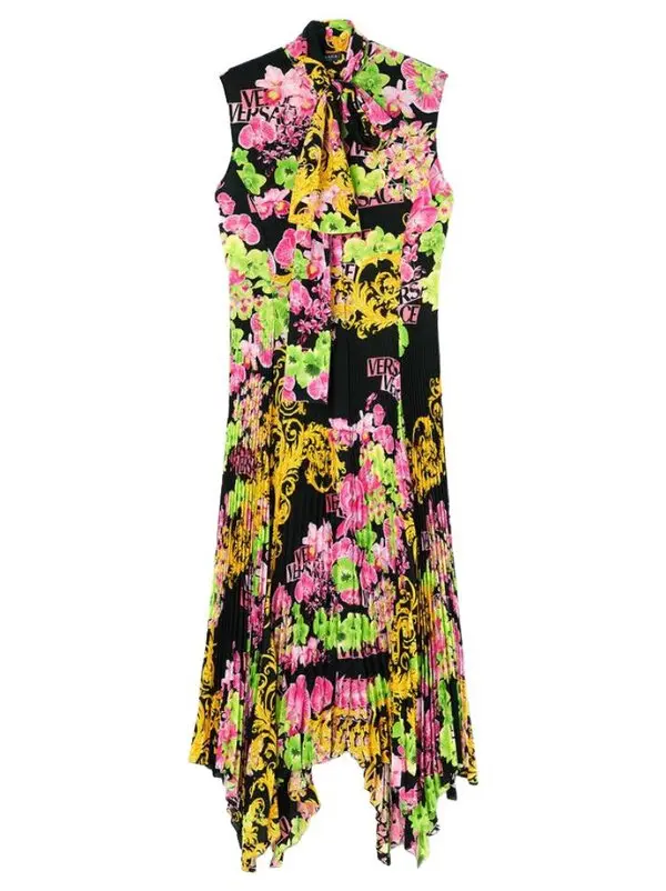 Versace Floral Printed Asymmetric Sleeveless Dress - Multicolor