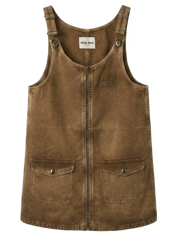 Miu Miu Logo-motif Sleeveless Denim Dress - Brown