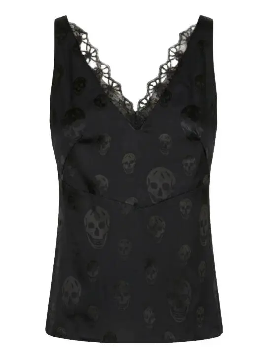 Alexander McQueen Skull Print Lace Trim V-neck Tank Top - Black