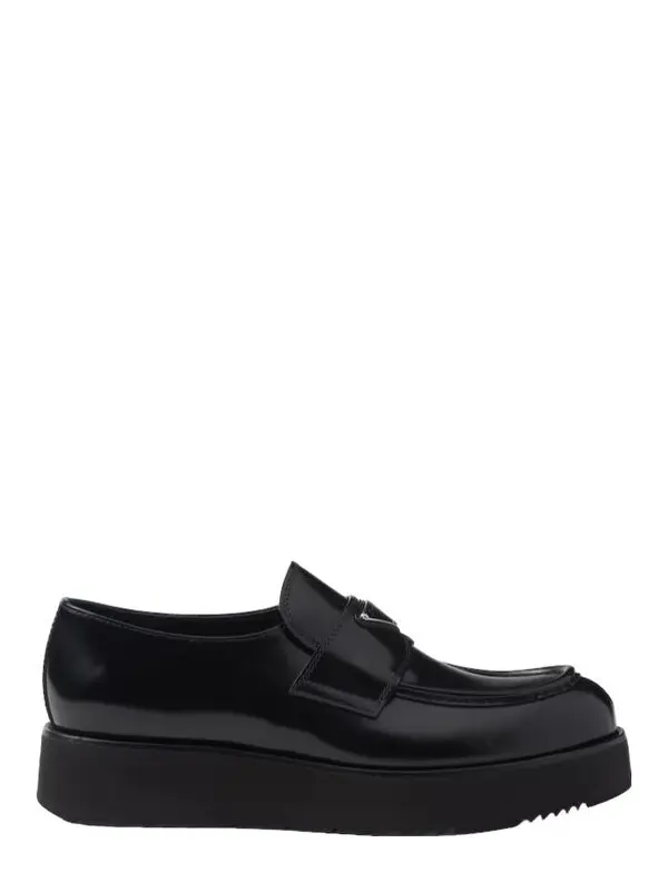 Prada Brushed Leather Loafers With Enameled Metal Logo - Black