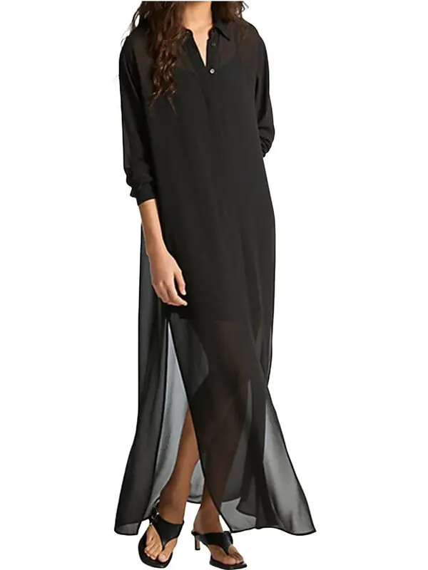 Michael Kors Long Sleeve Midi Shirt Dress - Black