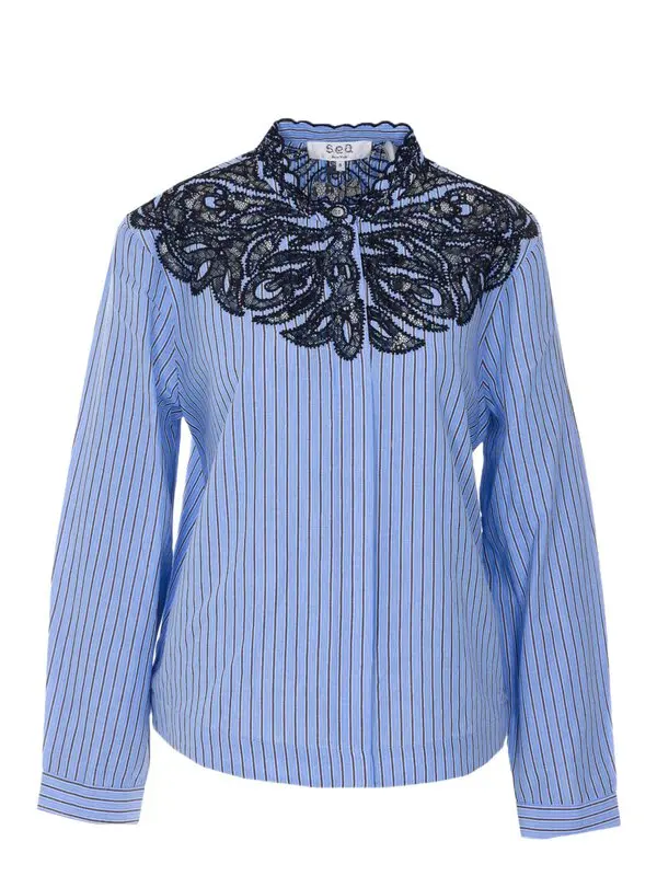 Sea Striped Shirt With Lace Detail - Blue