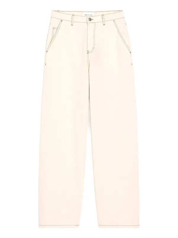 Ami Wide Leg Trousers With Contrast Stitching - White Cream