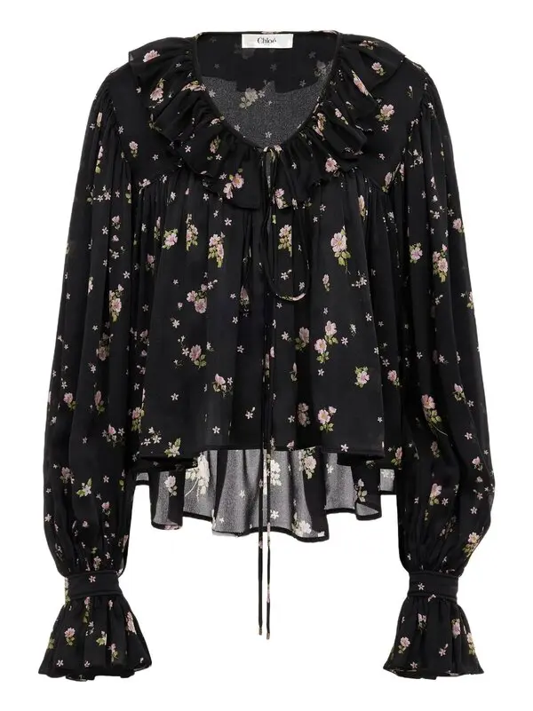 Chloé Maxi Gathered Ruffle Top With Liberty Print - Black