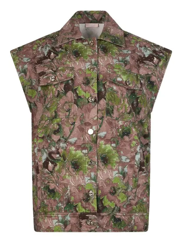 Liu Jo Rhinestone Embellished Floral Denim Vest - Green Floral