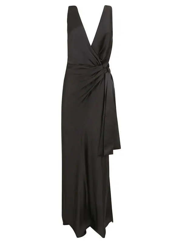 Pinko V-neck Maxi Dress With Knotted Belt And Side Slit - Black