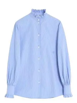 Valentino Garavani Striped Poplin Shirt With Ruffled Collar And Cuffs - Blue