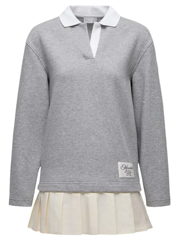 Moncler Pleated Logo Patch Long-sleeved Polo Dress - Grey