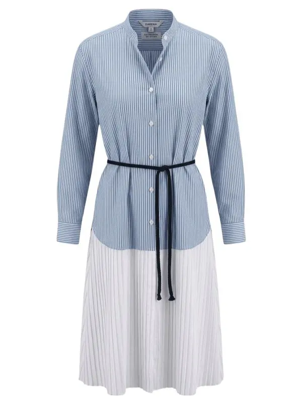 Barena Venezia Long Sleeve Shirt Dress With Pleated Skirt And Belt - Blue White