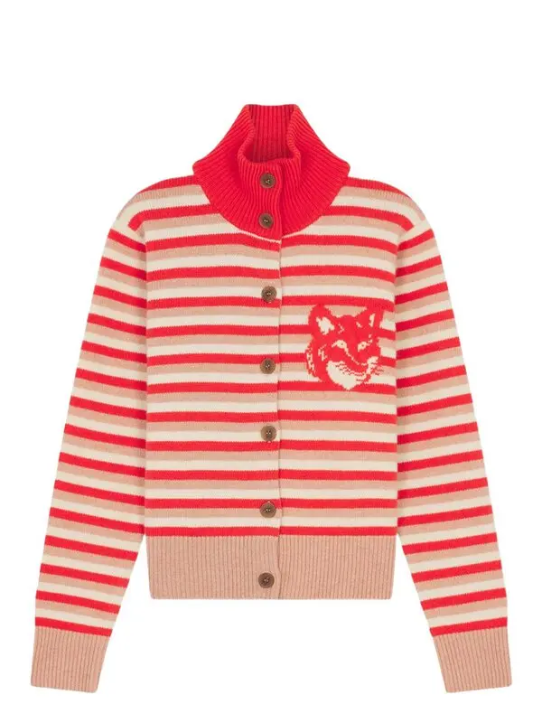Maison Kitsuné High-necked Long-sleeved Cardigan With Striped Pattern And Embroidered Fox Detail - Nude