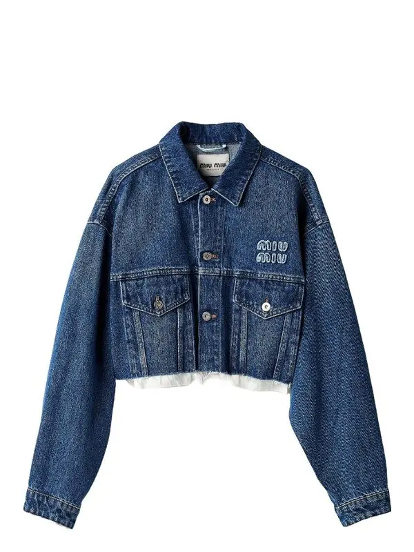Miu Miu Cropped Denim Jacket With Embroidered Logo - Blue