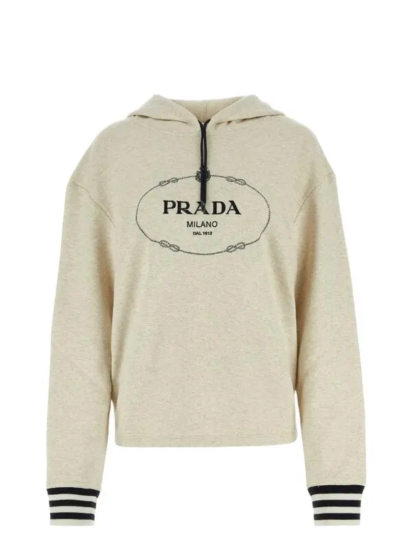 Prada Oversized Cotton Fleece Hoodie With Logo Detail - Neutral Color