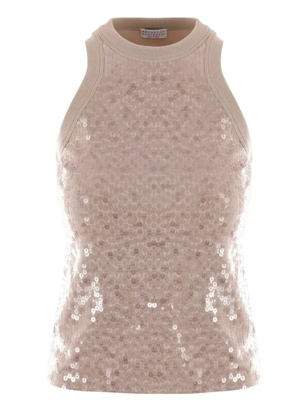 Brunello Cucinelli Sequined Cotton Tank Top - Nude