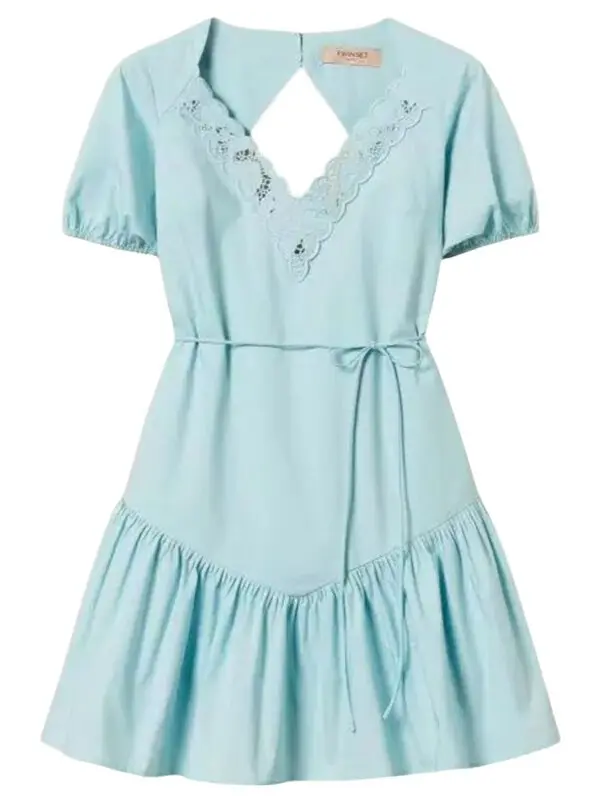 TWINSET Embroidered Midi Dress With Ruffled Sleeves And Hem - Blue
