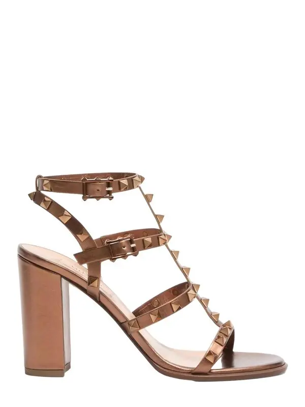 Valentino Garavani Rockstud Metallic Calfskin Leather Ankle Strap Sandal 90mm - Bronze