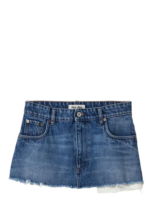 Miu Miu Logo Detailed Frayed-hem Denim Skirt - Blue