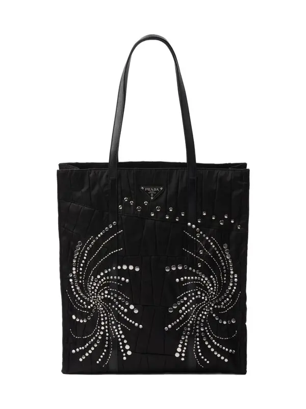 Prada Re-nylon Patchwork Tote Bag With Embroidery And Studs - Black