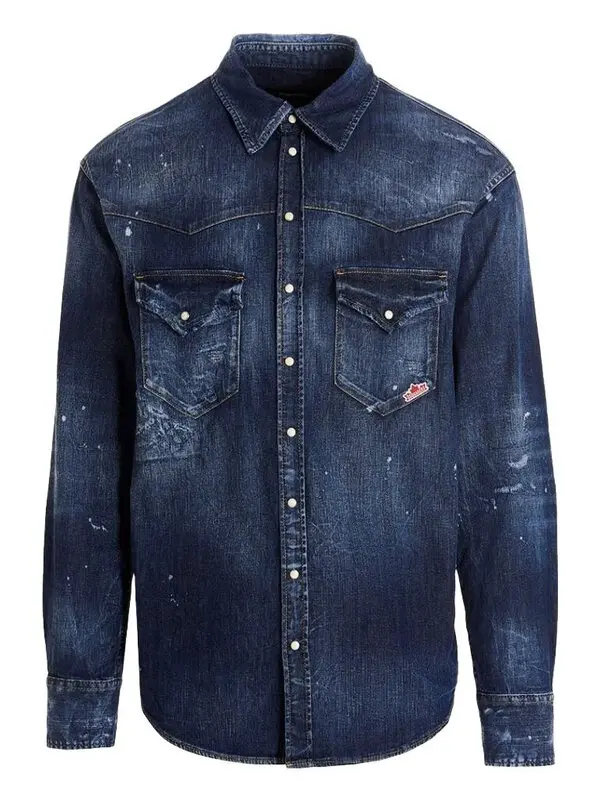 Dsquared2 Logo Patch Buttoned Denim Shirt - Blue