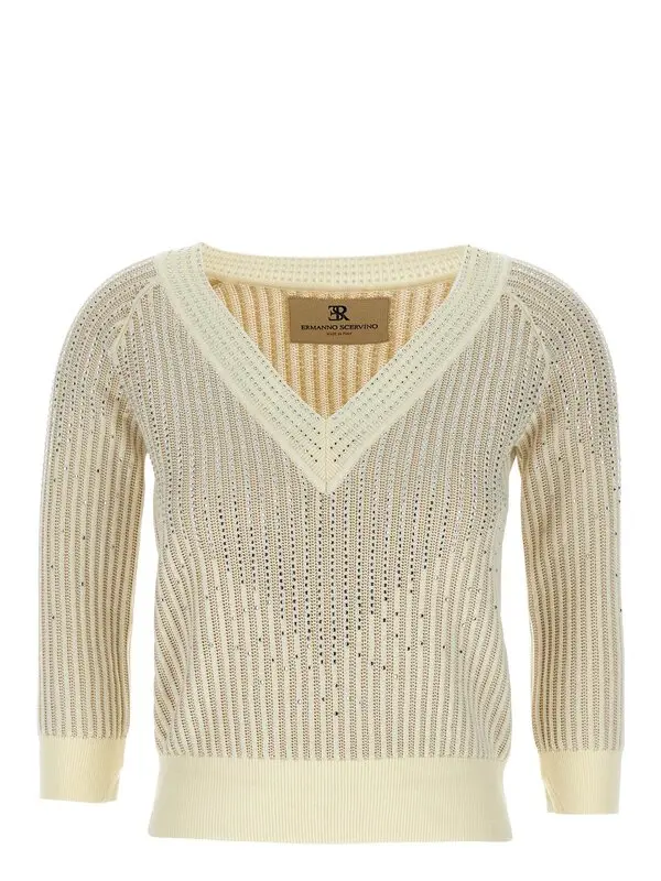 Ermanno Scervino V-neck Rhinestone Embellished Sweater - White