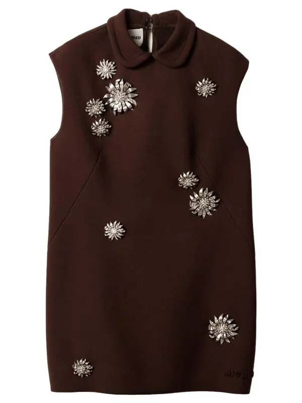 Miu Miu Short Natté Dress With Embellishments - Cocoa Brown