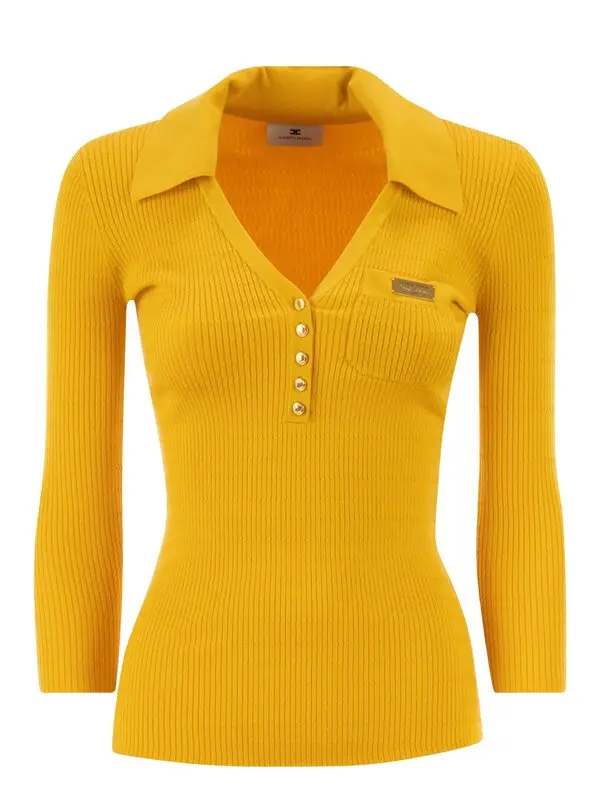 Elisabetta Franchi Micro-braided Knit Polo Shirt - Yellow