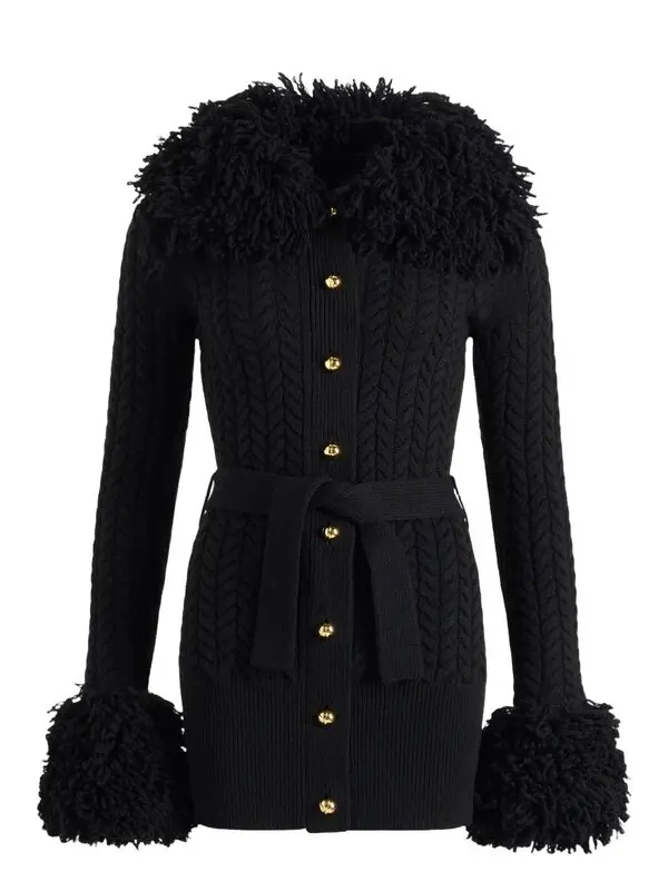 PATOU Cable Knit Cardigan With Fur-effect Fringe - Black