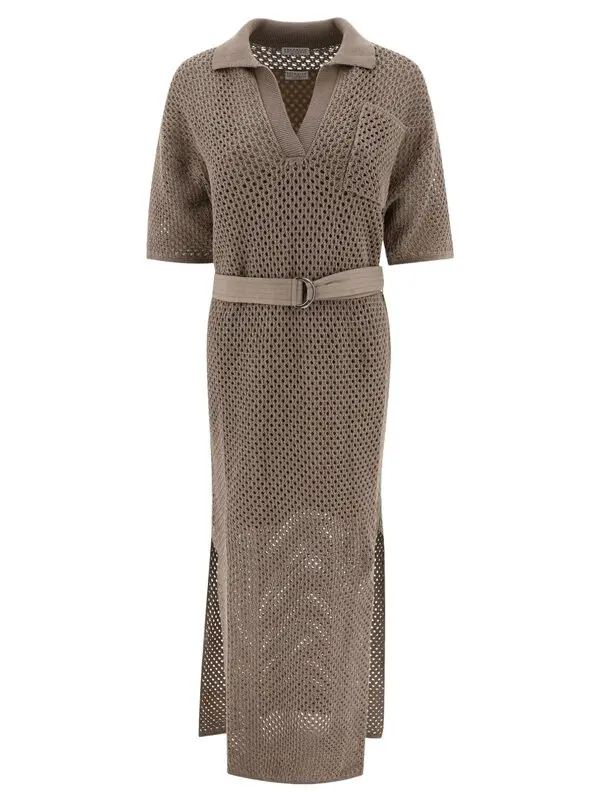 Brunello Cucinelli Crocheted Belted Midi Dress - Brown