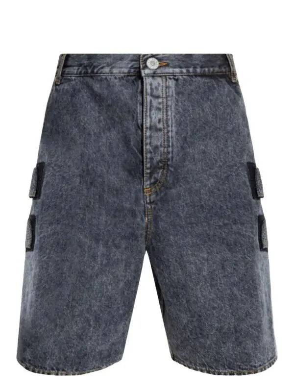 Balmain Acid Wash Denim Shorts With Decorative Velcro Details - Black