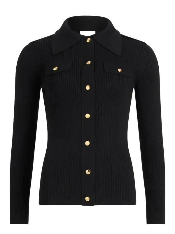 PATOU Ribbed Wool Cardigan With Collared Neck And Flap Pockets - Black